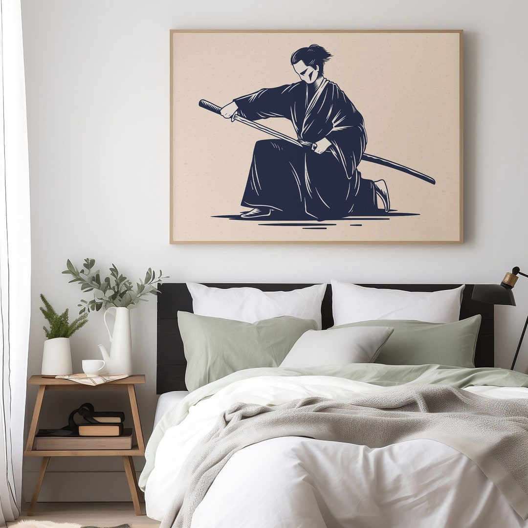 Japanese Samurai Poster Print Blue Samurai Wall Art Boho Traditional ...