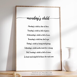 Mondays Child Poem Print, Baby Room Decor, New Born Nursery, Baby Rhyme ...