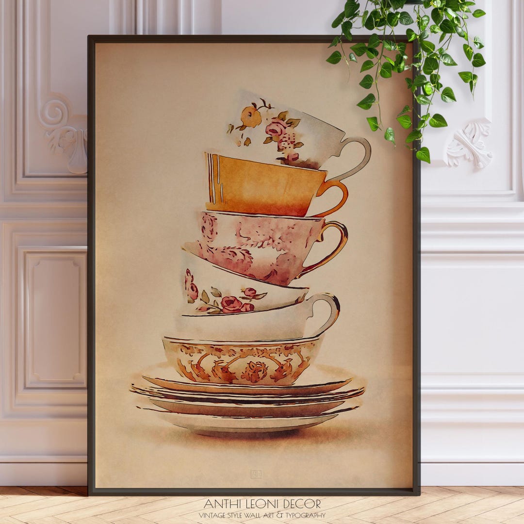 Vintage Tea Cup Stack Print - Watercolor Kitchen Wall Art Framed or ...