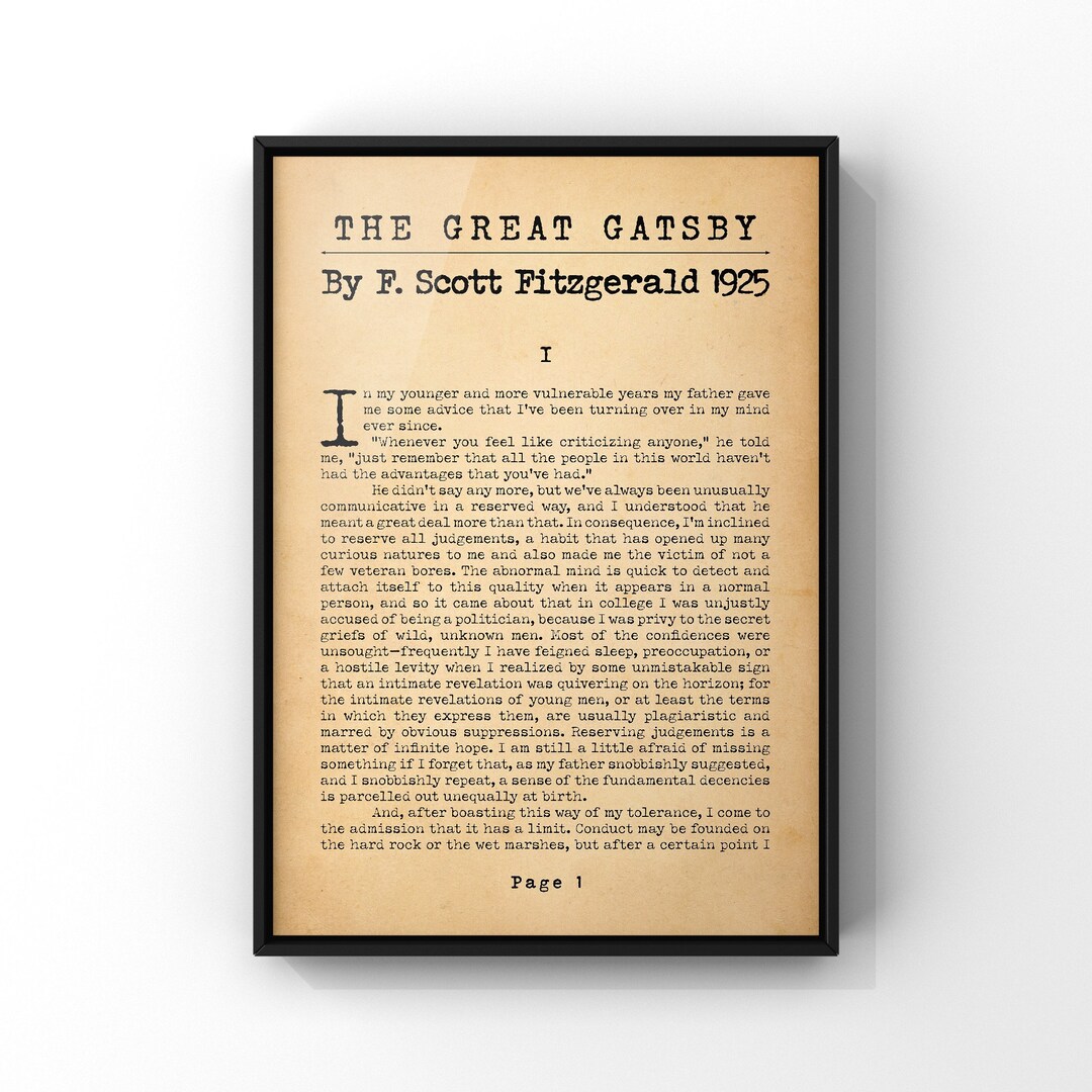 The Great Gatsby by F Scott Fitzgerald Novel First Page Print Literary ...