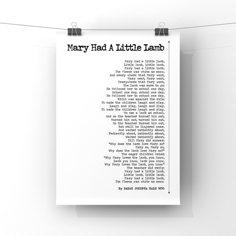 Mary Had A Little Lamb Poem by Sarah Josepha Hale 1830 Poster - Etsy UK