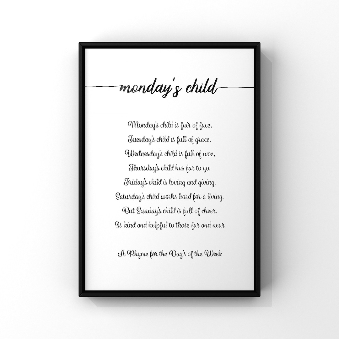 Mondays Child Poem Print, Baby Room Decor, New Born Nursery, Baby Rhyme ...