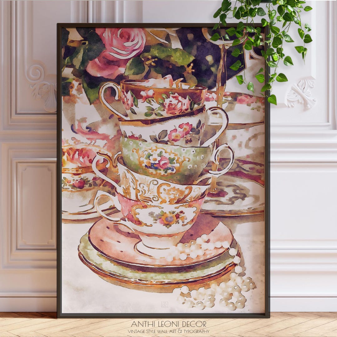Floral Tea Set Art Print – Vintage Tea Cups and Plates Wall Art ...