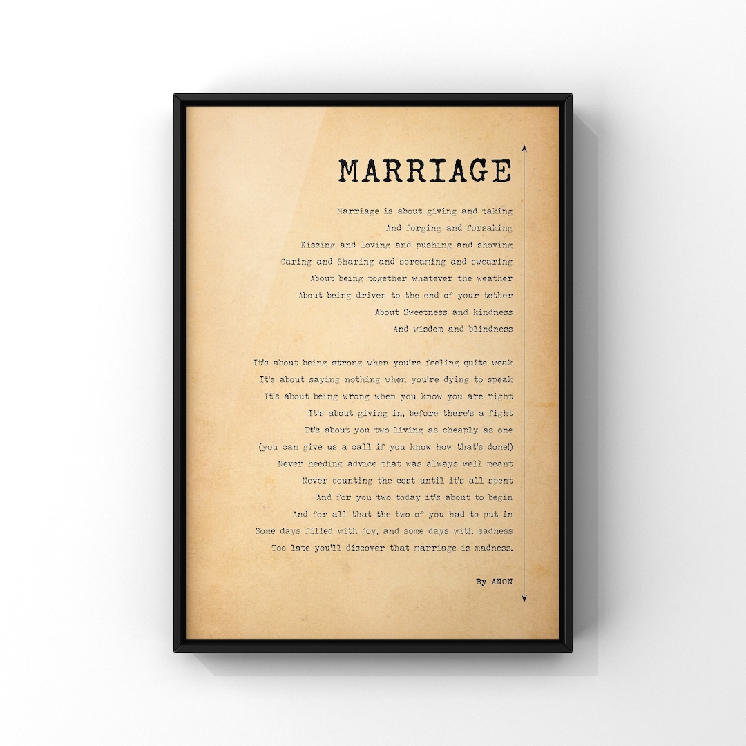 Marriage Love Poetry by Anonymous Poster Print Funny Wedding and ...