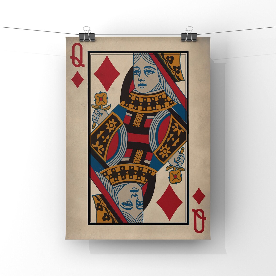Queen Of Diamonds Poster Print Vintage Playing Cards Wall | Etsy