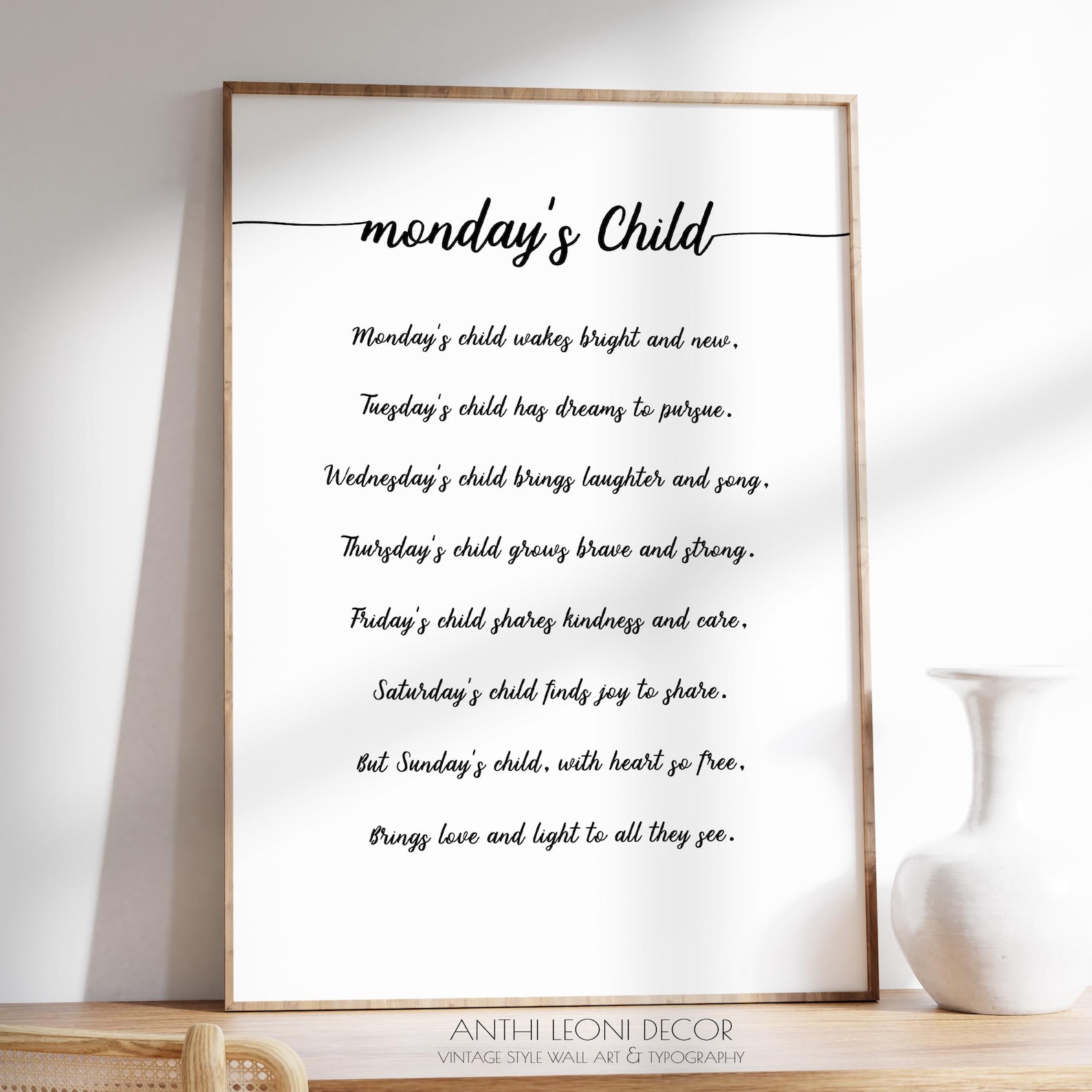 Monday's Child Poem Print - Nursery Rhyme Wall Art in Script Font ...