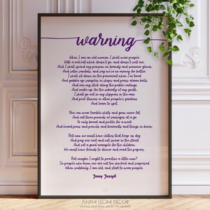 Warning When I Am an Old Woman I Shall Wear Purple Poem Wall Art ...