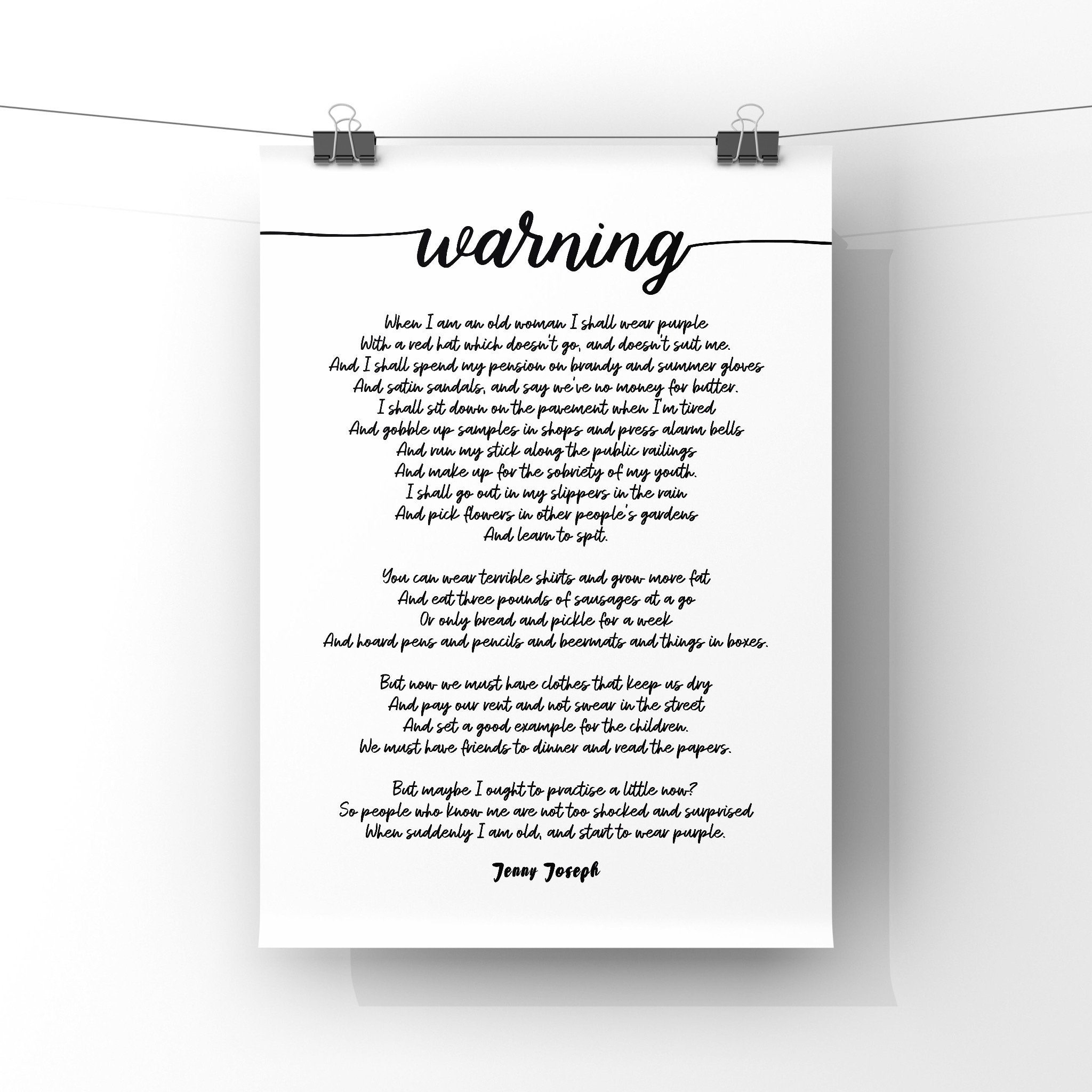 Warning Poem Print in Script Font by Jenny Joseph When I Grow - Etsy