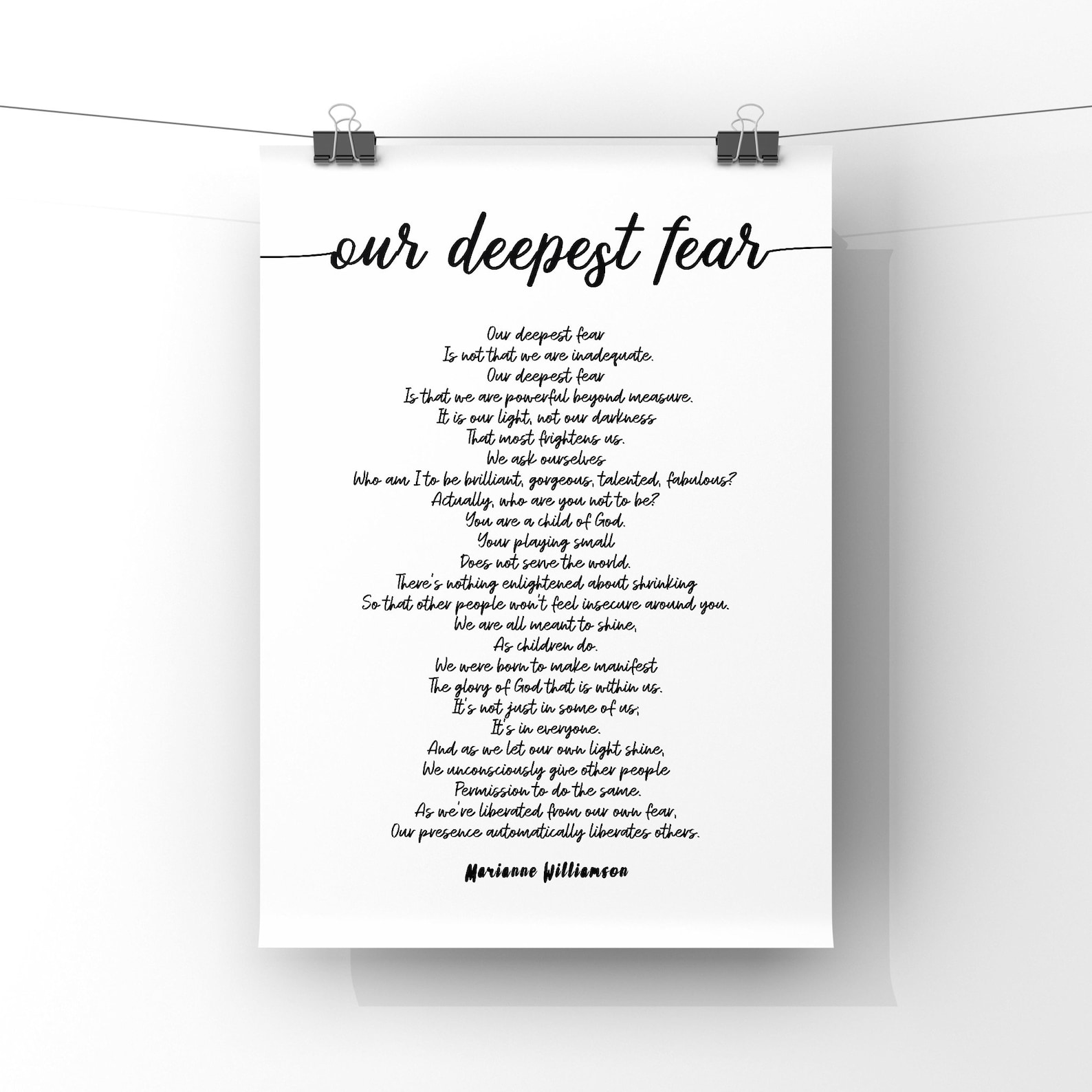 Our Deepest Fear Poem by Marianne Williamson Unframed Print - Etsy
