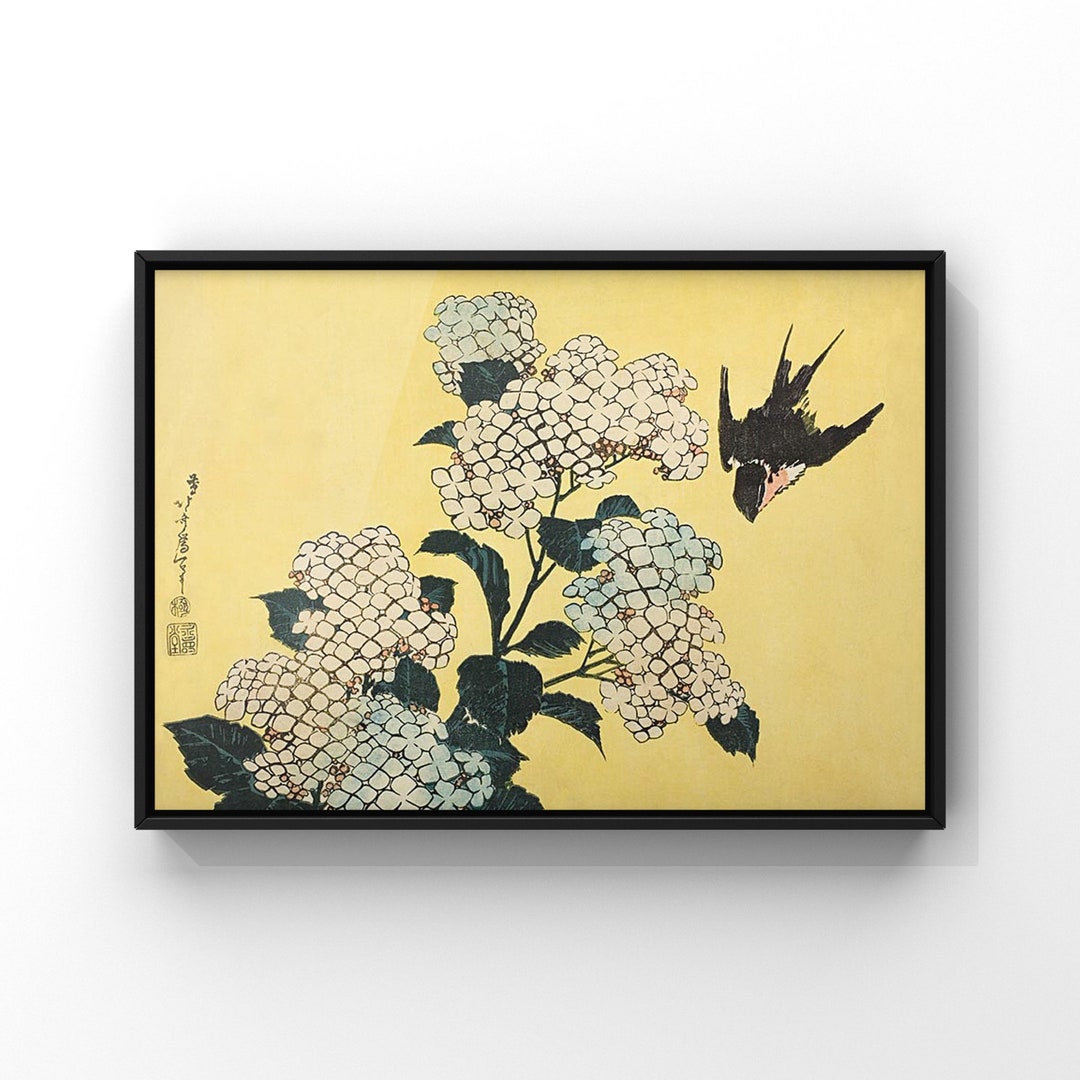 Japandi Yellow Hydrangea and Swallow Print | Boho Japanese Landscape ...