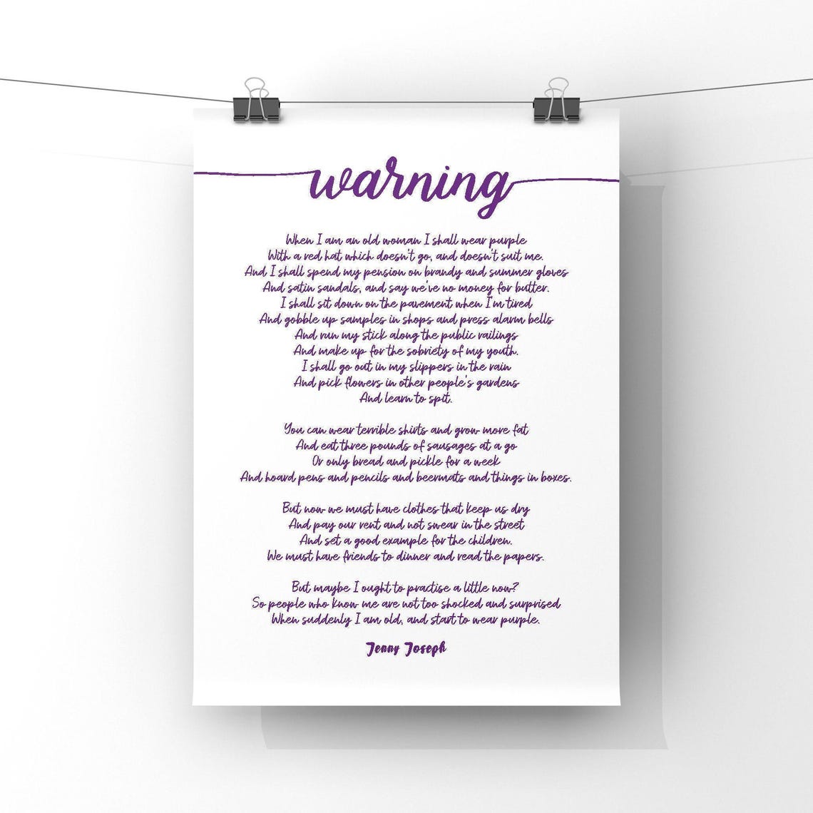 Warning When I Am an Old Woman I Shall Wear Purple Poem Wall Art ...