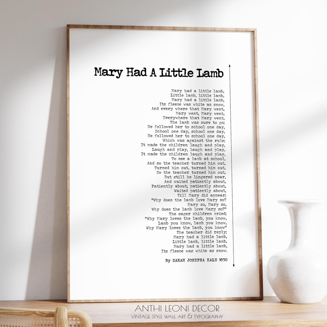 Mary Had A Little Lamb Poem by Sarah Josepha Hale 1830 Poster Print ...
