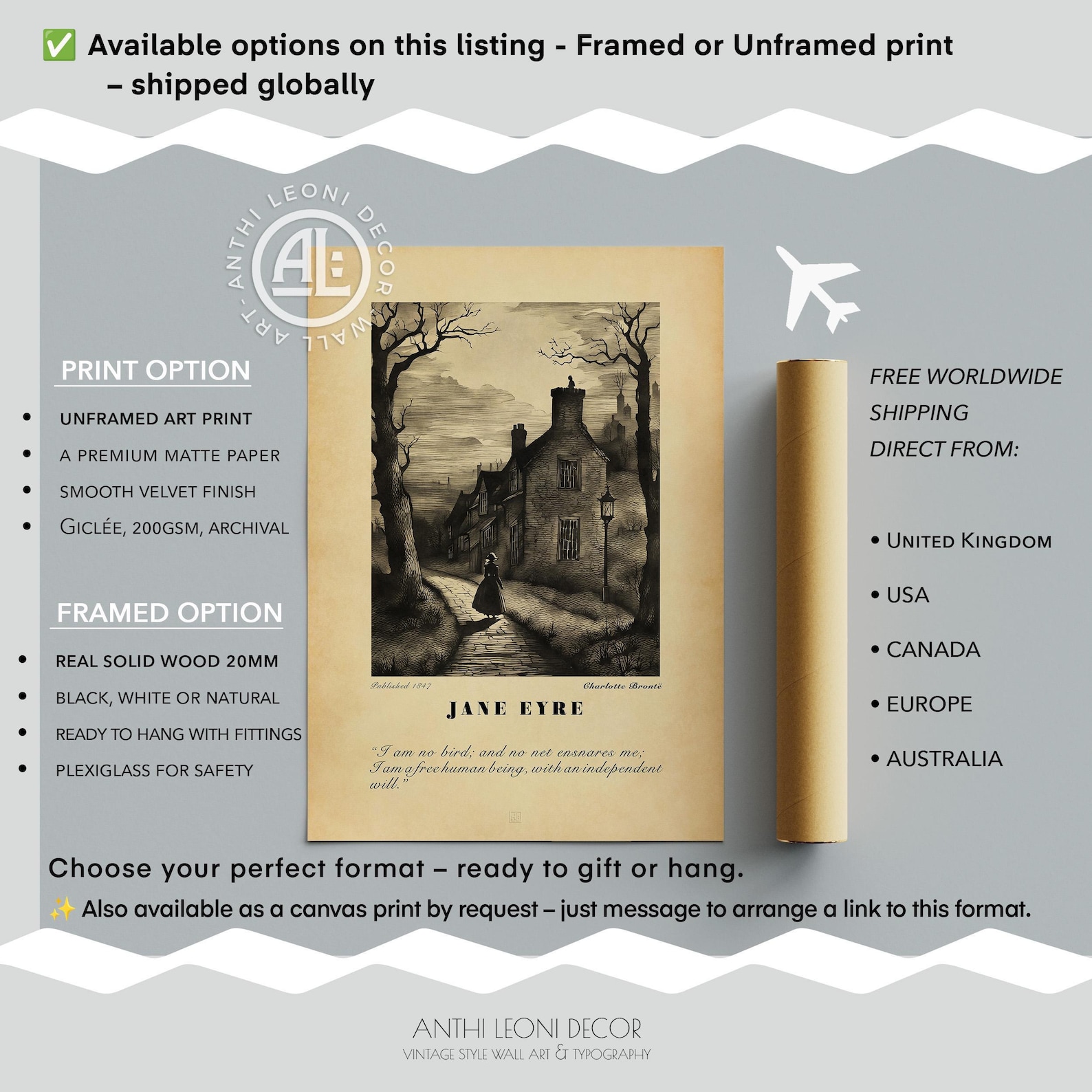Jane Eyre Print Book Page Quote by Charlotte Bronte Wall Art Poster ...