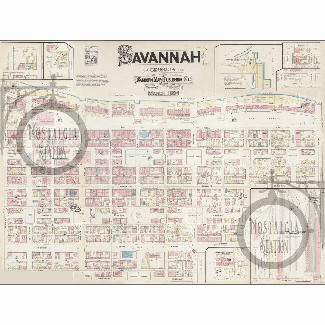 Savannah, Georgia Map 1884 Antique Vintage Historic Savannah State ...