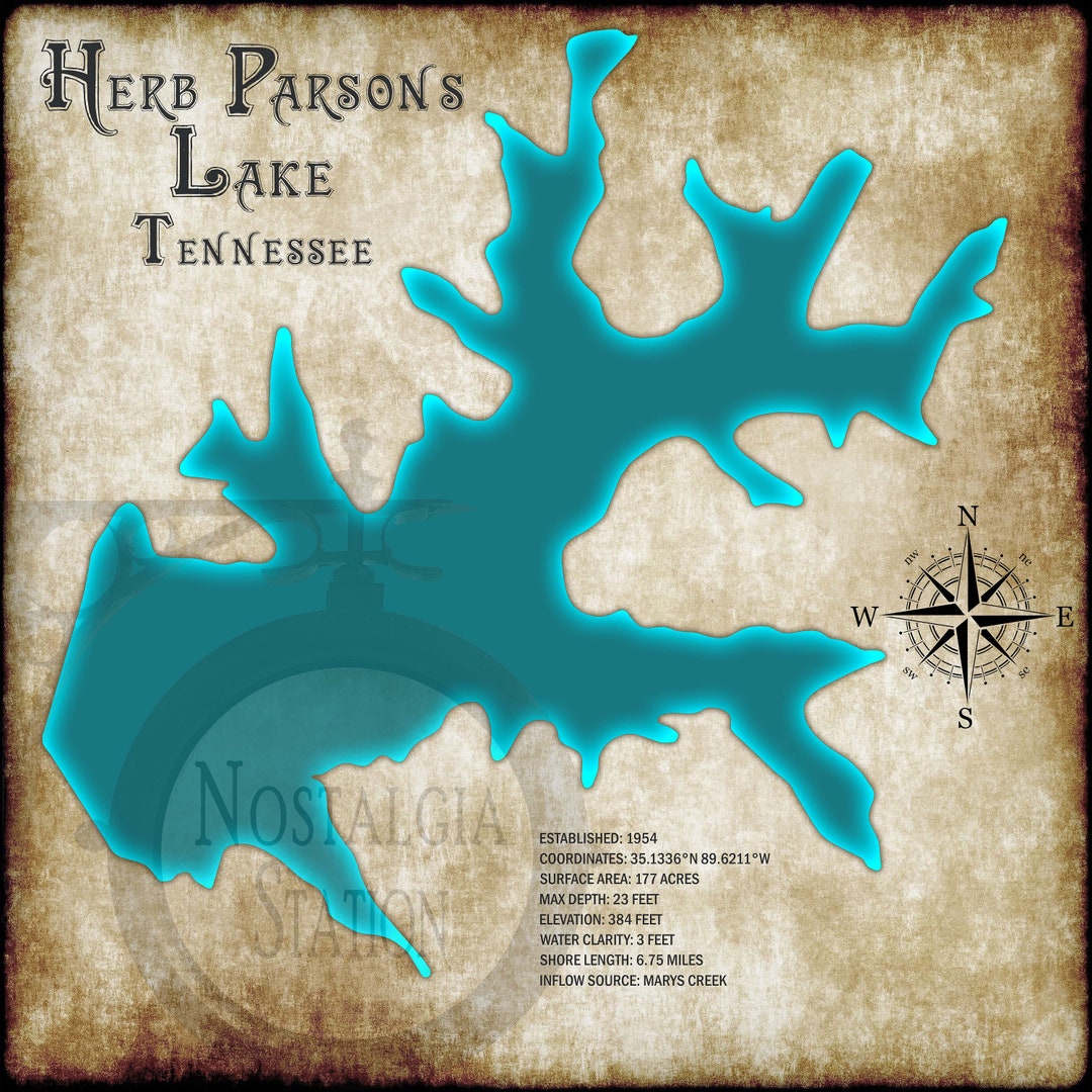 Herb Parsons Lake Map Tennessee Vintage Style Lake Map Wall Art ...