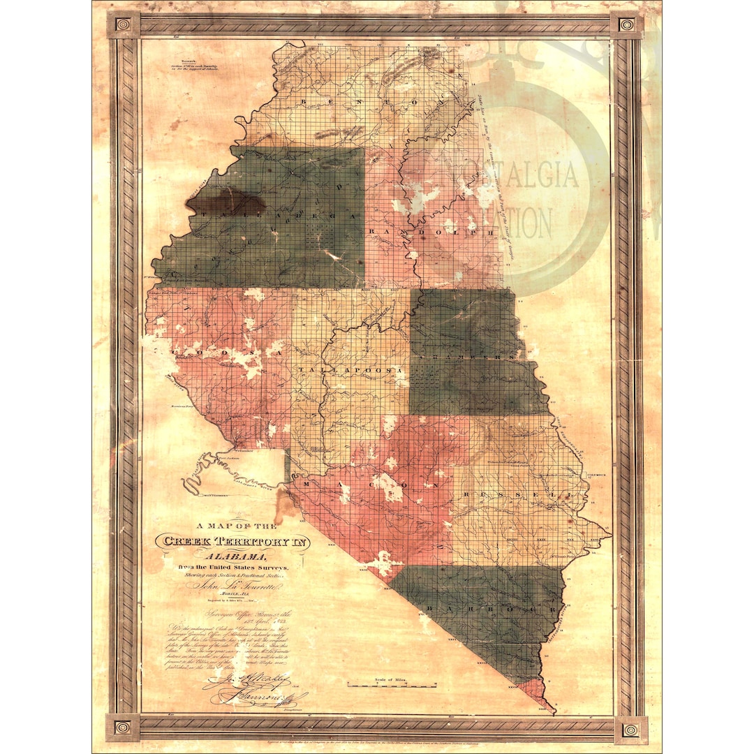 Alabama Creek Indian Territory Map 1833 Antique Historic Vintage Photo ...
