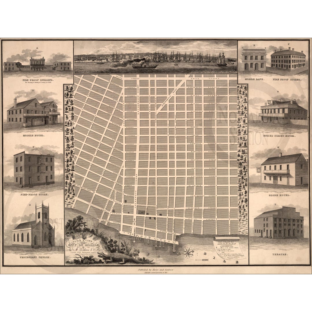 Mobile, Alabama 1824 Antique Vintage Historic Map Wall Art Bay Bears ...