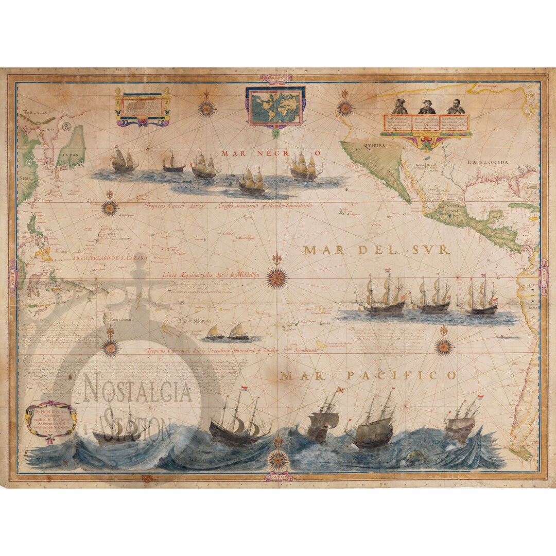 Pacific Ocean Routes Mariner Nautical Map 1622 Antique Historic Vintage ...