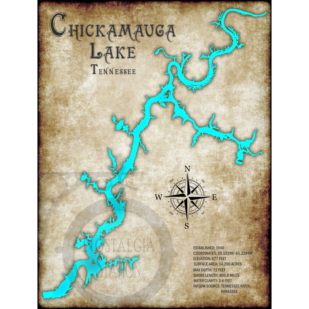 Chickamauga Lake, Tennessee Vintage Style Lake Map Wall Art Vanderbilt ...