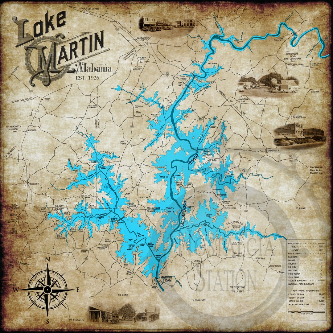 Lake Martin Map Alabama Vintage Style Map With Historic Photos Near ...