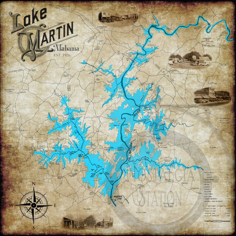 Lake Martin Map Alabama Vintage Style Map With Historic Photos Near ...