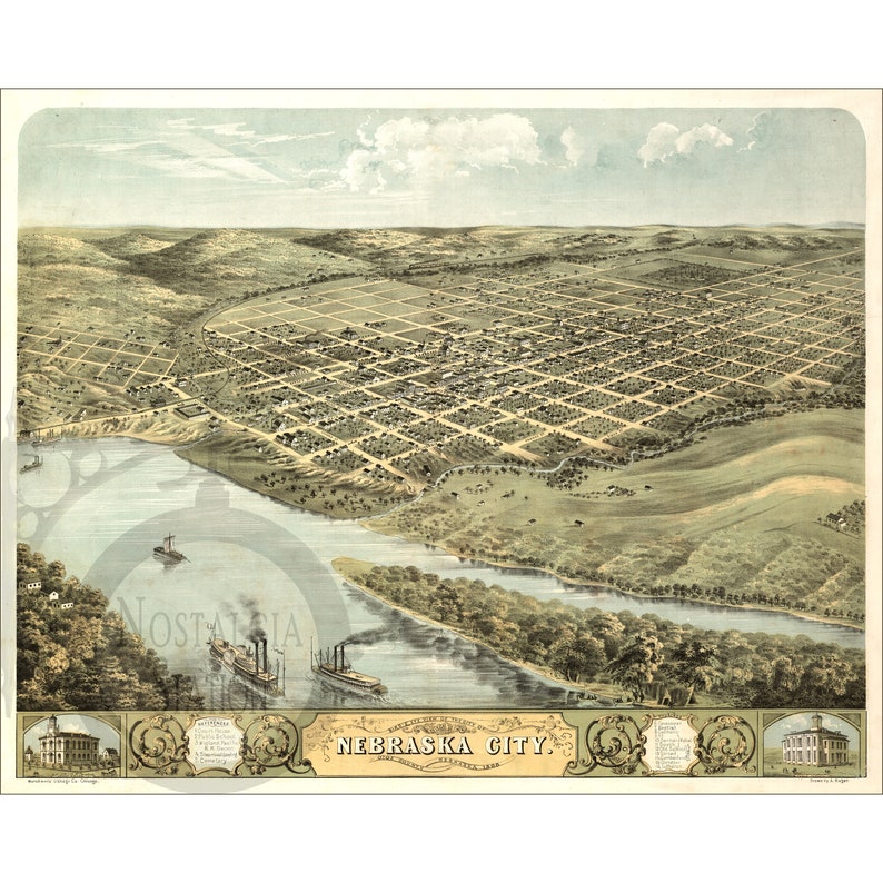 Nebraska City, Nebraska NB 1868 Map Pioneers Antique Historic Vintage ...