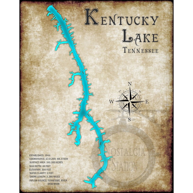 Kentucky Lake, Tennessee Vintage Style Lake Map Wall Art Vanderbilt ...