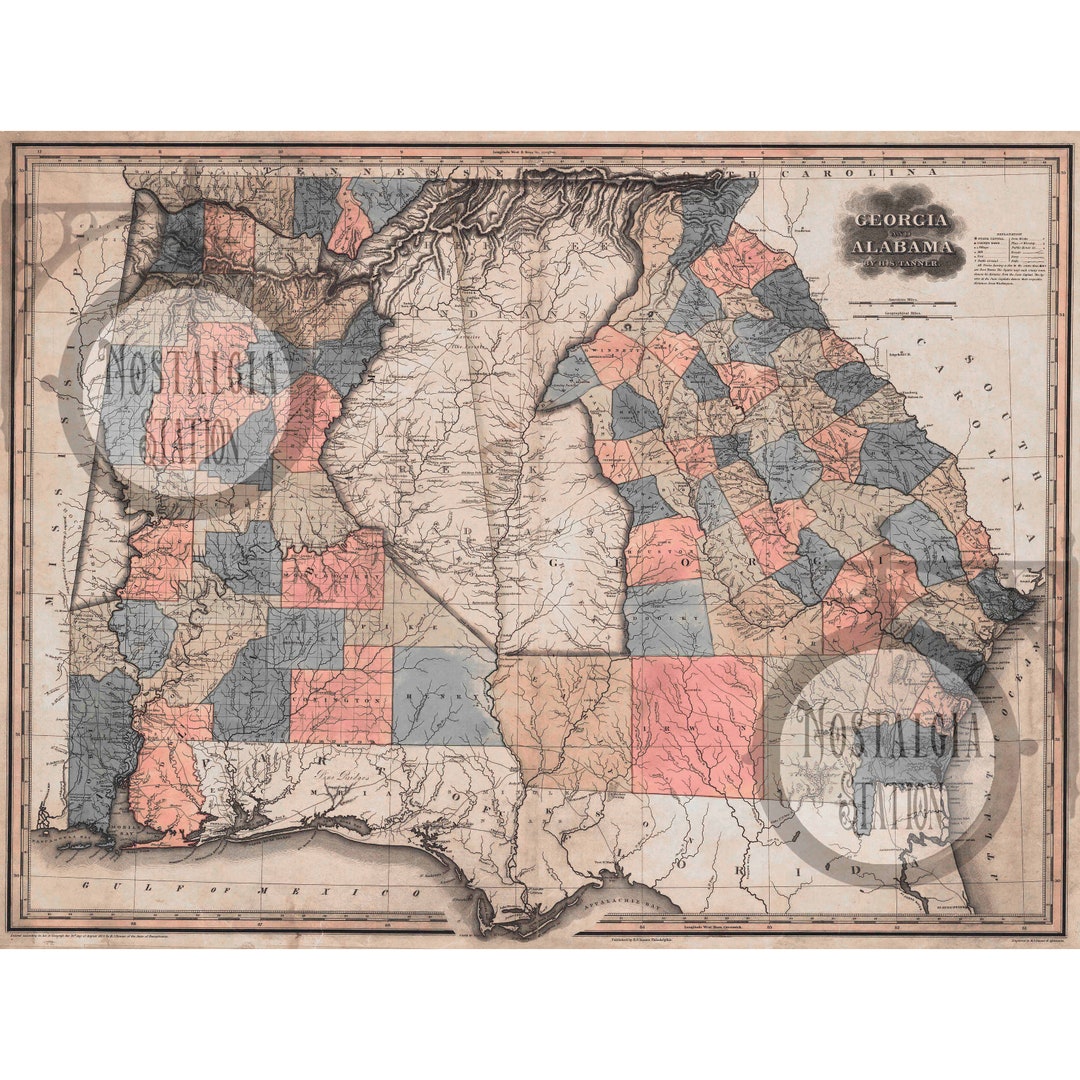 Alabama Indian Territory Map 1823 Antique Historic Vintage Photo Wall ...