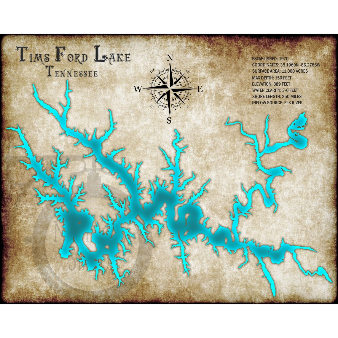 Tims Ford Lake, Tennessee Vintage Style Lake Map Wall Art Vanderbilt ...