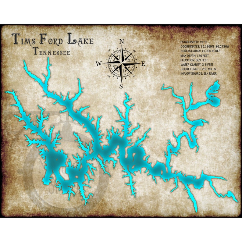 Tims Ford Lake, Tennessee Vintage Style Lake Map Wall Art Vanderbilt ...