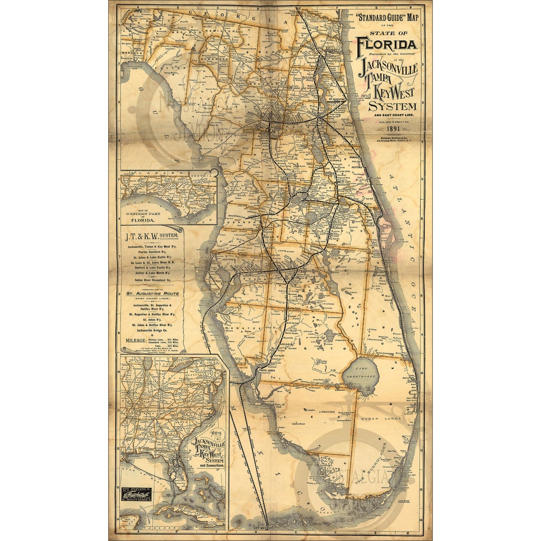 Florida 1891 State Map Antique Historic Vintage Photo Steampunk Pirate ...