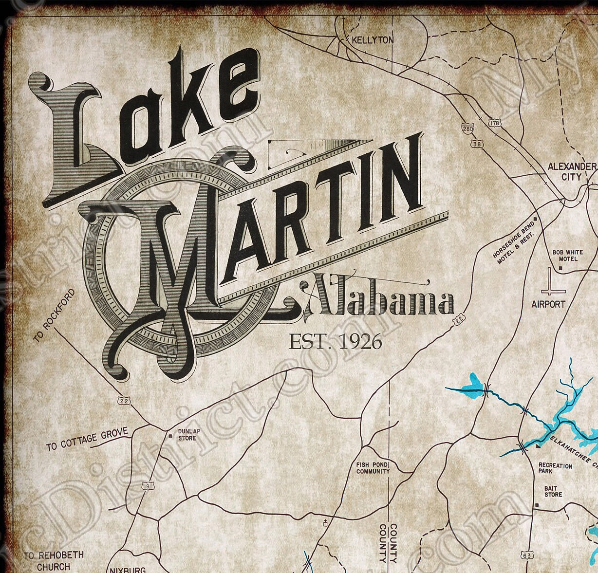Lake Martin Map Alabama 20x20 Vintage Style Map Near Alexander City ...