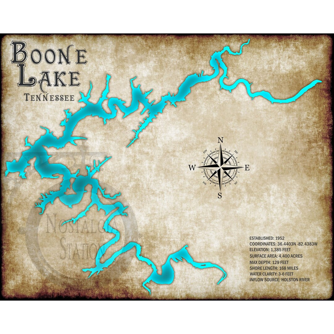 Boone Lake, Tennessee Vintage Style Lake Map Wall Art FREE SHIPPING! - Etsy