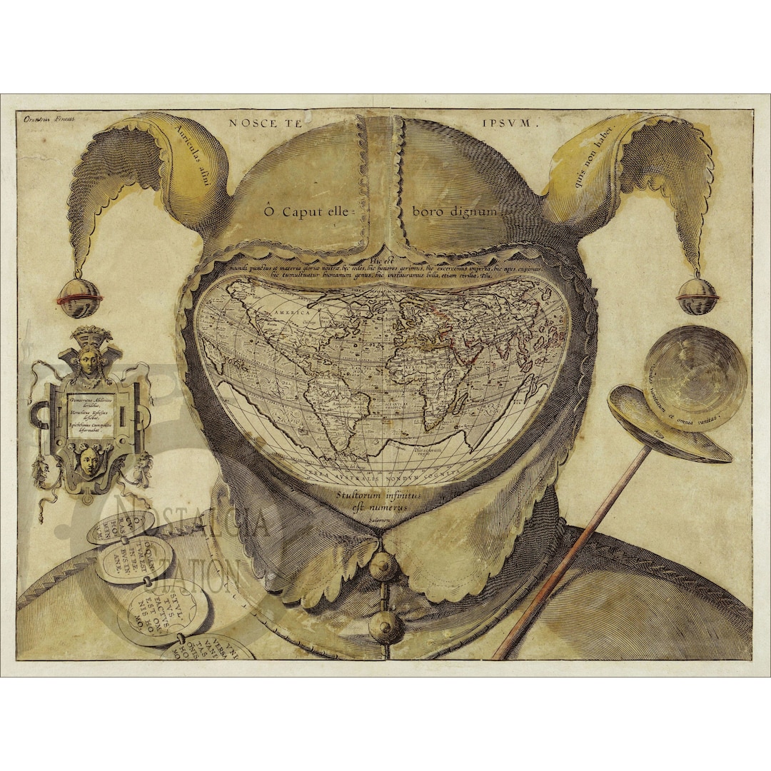 World Map Print 1590 Jester Fool Antique Historic Vintage Photo ...