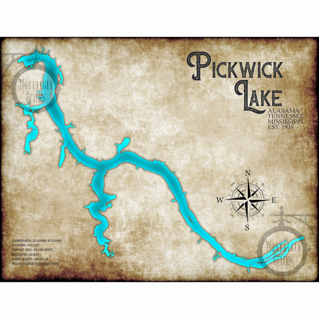 Pickwick Lake Alabama Vintage Style Lake Wall Art Decor Photo Map FREE ...
