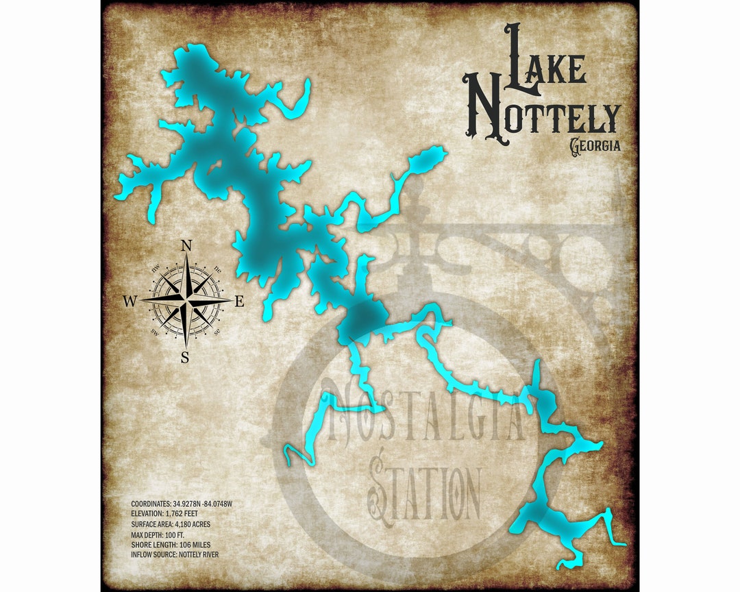 Lake Nottely Georgia Vintage Style Lake Wall Art Decor Fishing Life Map ...