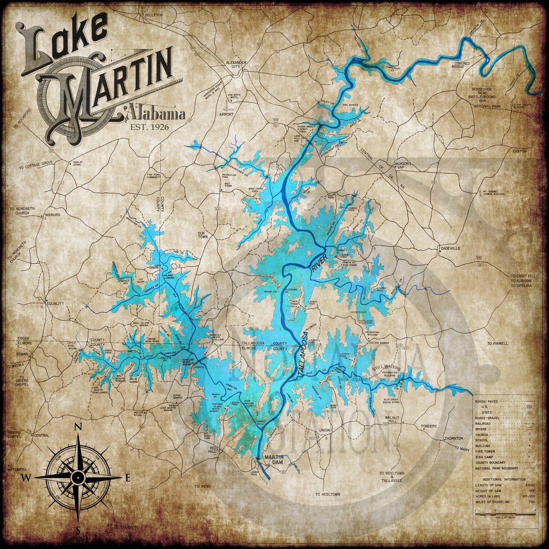 Lake Martin Map Alabama 20x20 Vintage Style Map Near Alexander City ...