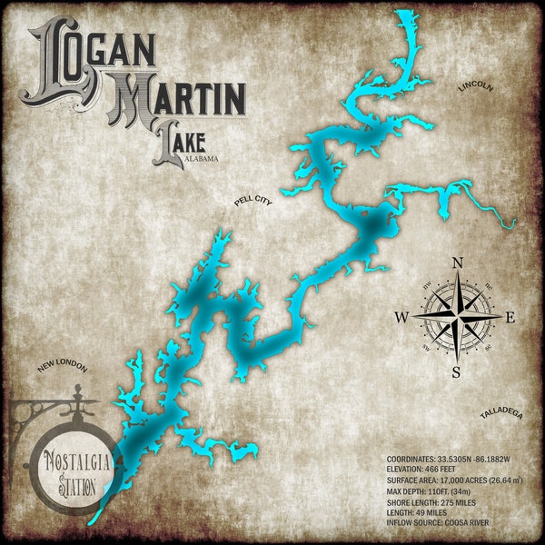 Map of Logan Martin Lake - Etsy