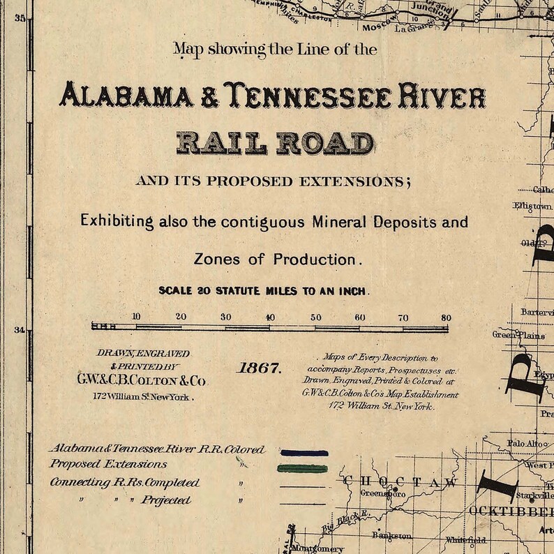 Alabama 1867 Railroad RR Map Antique Historic Vintage Photo American ...