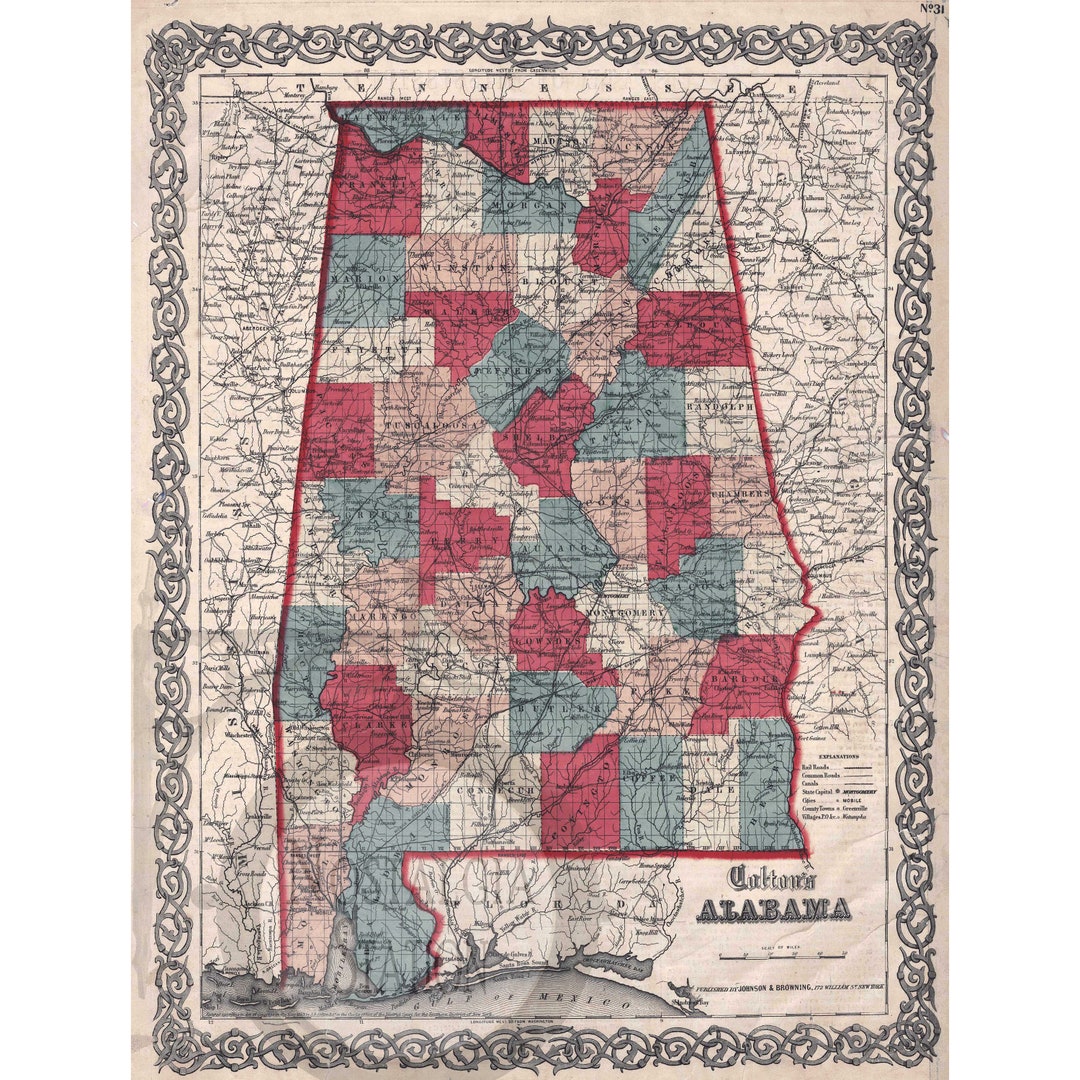 Alabama 1859 Map Antique Historic Vintage Photo American History Wall ...