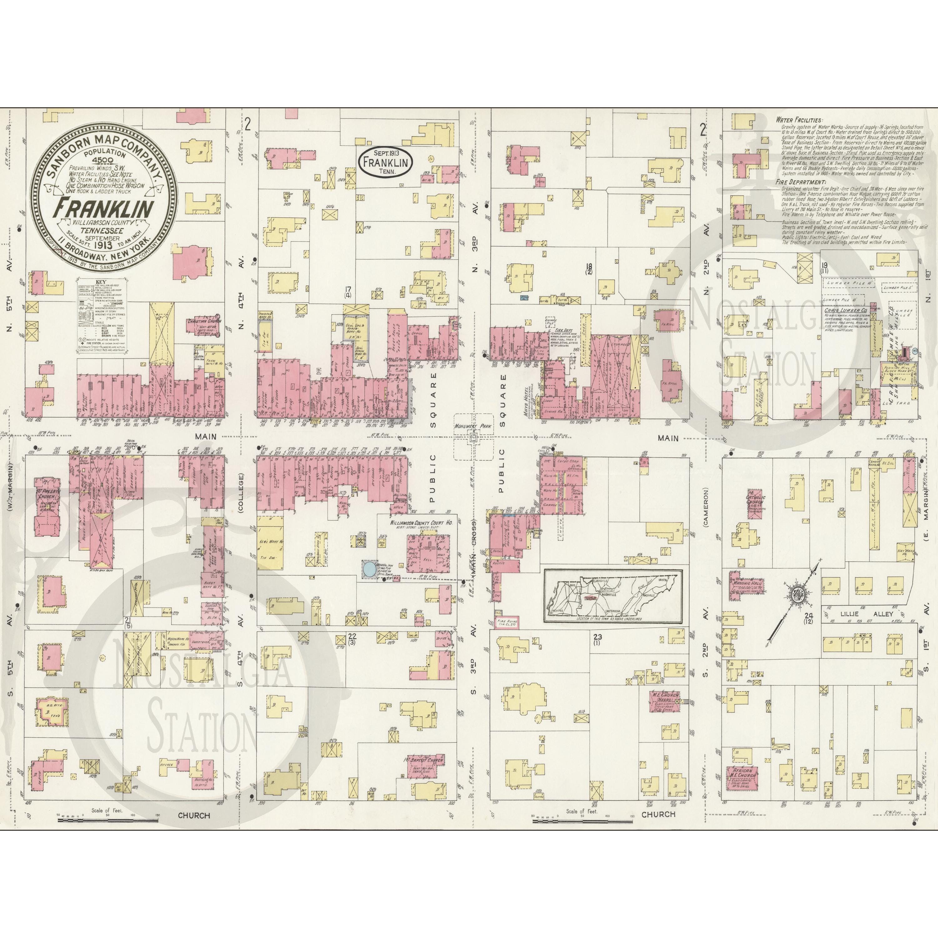 Franklin TN Tennessee 1913 Map Historic Vintage Photo Wall Art Wall ...
