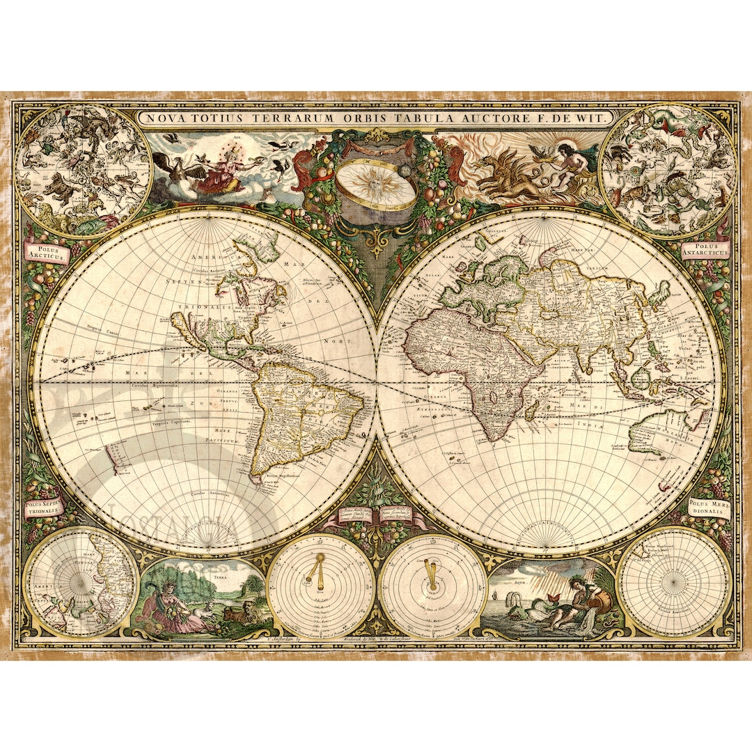 World Map 1660 Antique Historic Vintage Photo Steampunk Pirate Map Wall ...