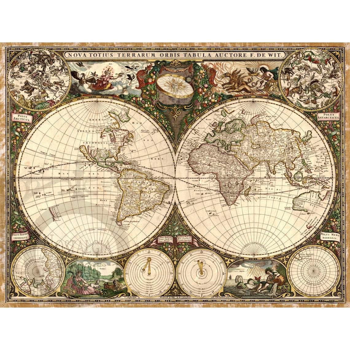 World Map 1660 Antique Historic Vintage Photo Steampunk Pirate Map Wall ...