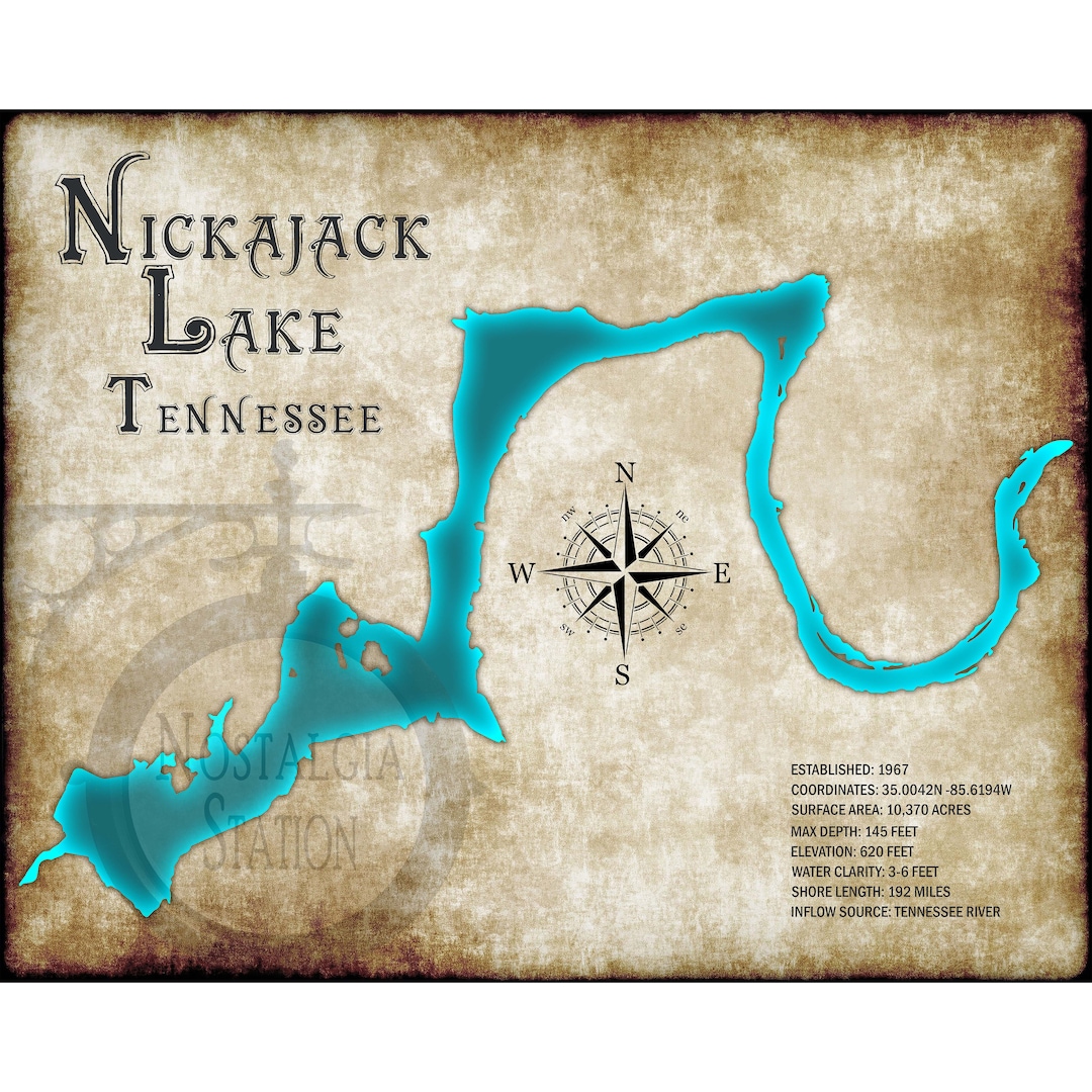 Nickajack Lake, Tennessee Vintage Style Lake Map Wall Art Vanderbilt ...