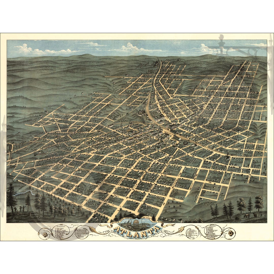 Atlanta, Georgia 1871 Antique Vintage Historic Map Wall Art Emory ...