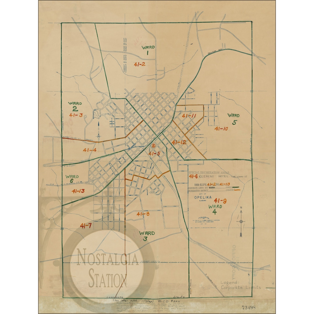 Opelika Alabama 1950 Census Map Historic Vintage Antique Photo Wall Art ...