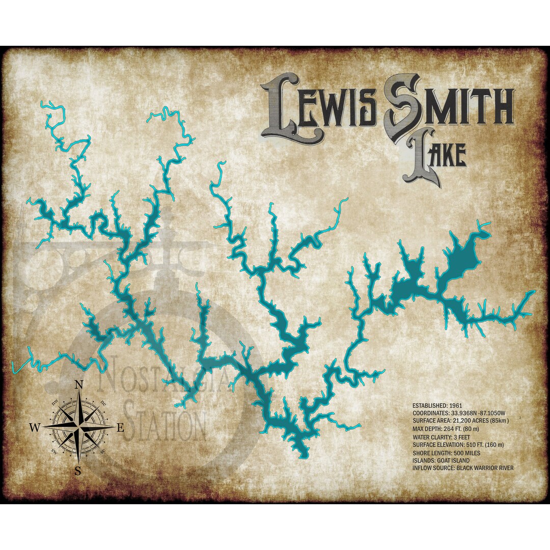 Lewis Smith Lake Alabama Vintage Style Lake Wall Art Decor Photo Map ...