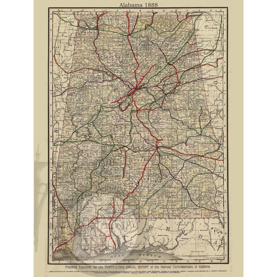 Alabama 1888 Vintage Railroad Map Antique Historic Photo American ...