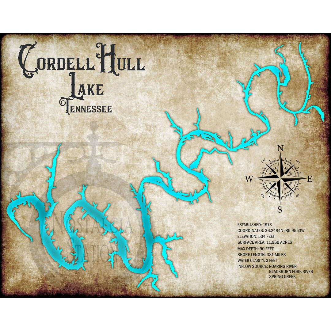 Cordell Hull Lake, Tennessee Vintage Style Lake Map Wall Art Vanderbilt ...