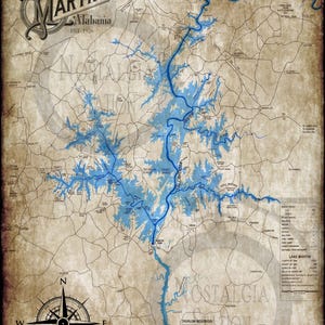 Lake Martin Alabama Vintage Style Map Wall Art Alexander City Dadeville ...
